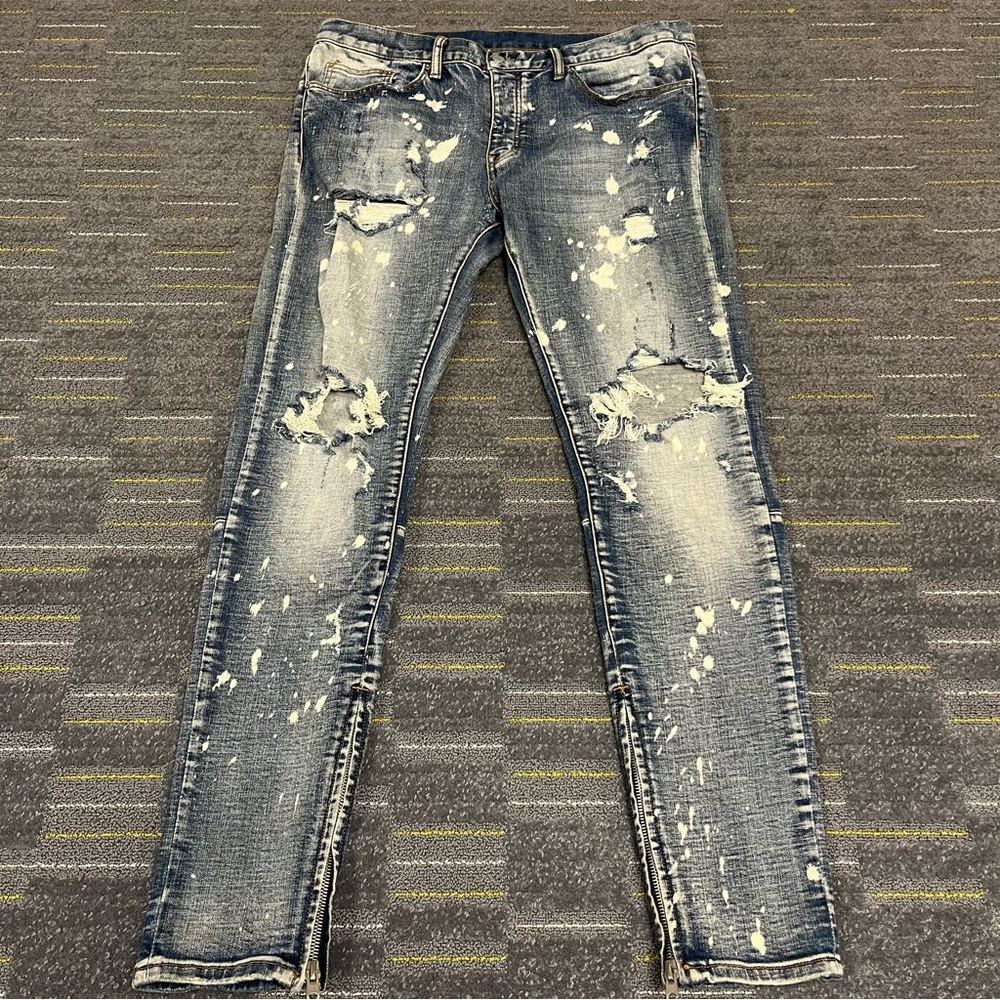 Mnml Distressed Paint Splattered Denim Jeans Size 38x… - Gem